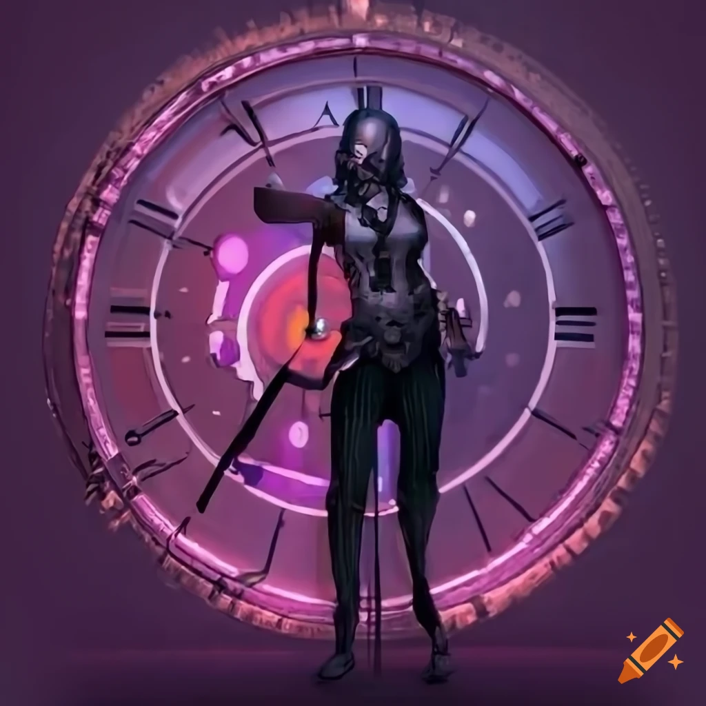 Cyberpunk chronomancer standing in front of a clock on Craiyon