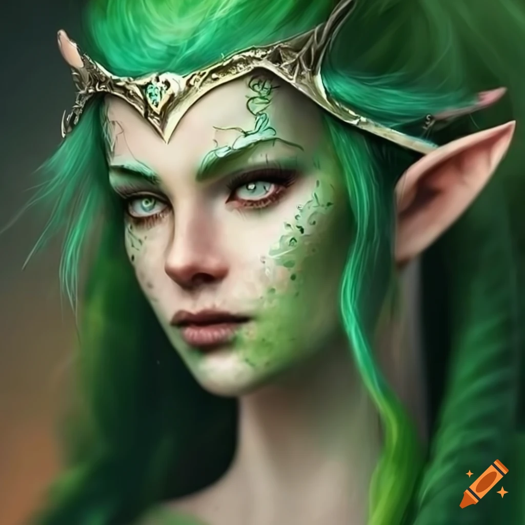 Green-haired elven woman with green eyes and freckles on Craiyon