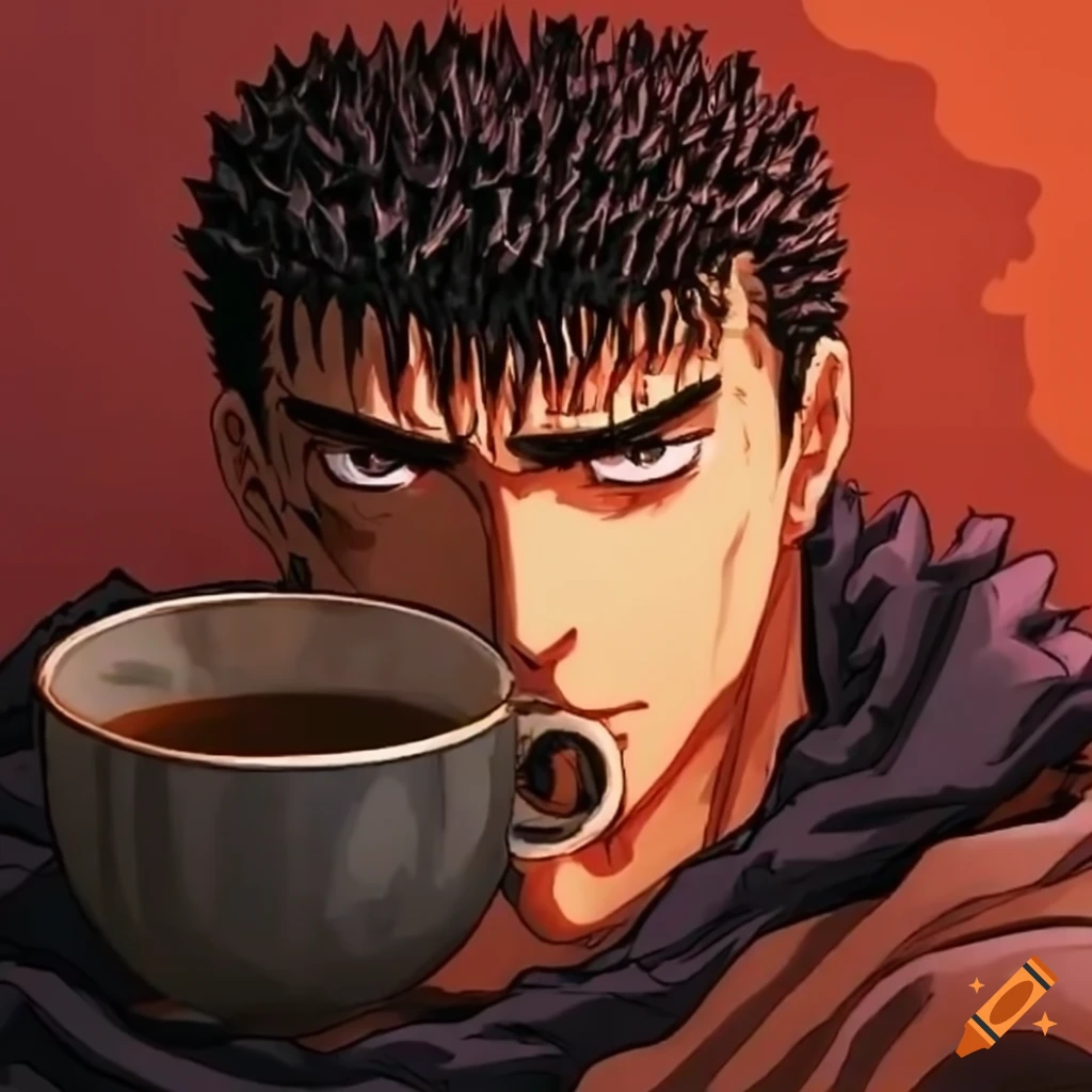 Guts from berserk drinking tea in an anime scene on Craiyon