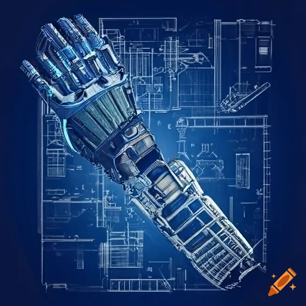 Blueprint of a mechanical prosthetic hand and arm with complex ...