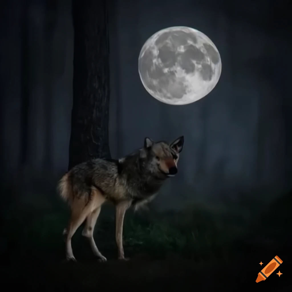 Wolf staring at the full moon in a dark forest on Craiyon