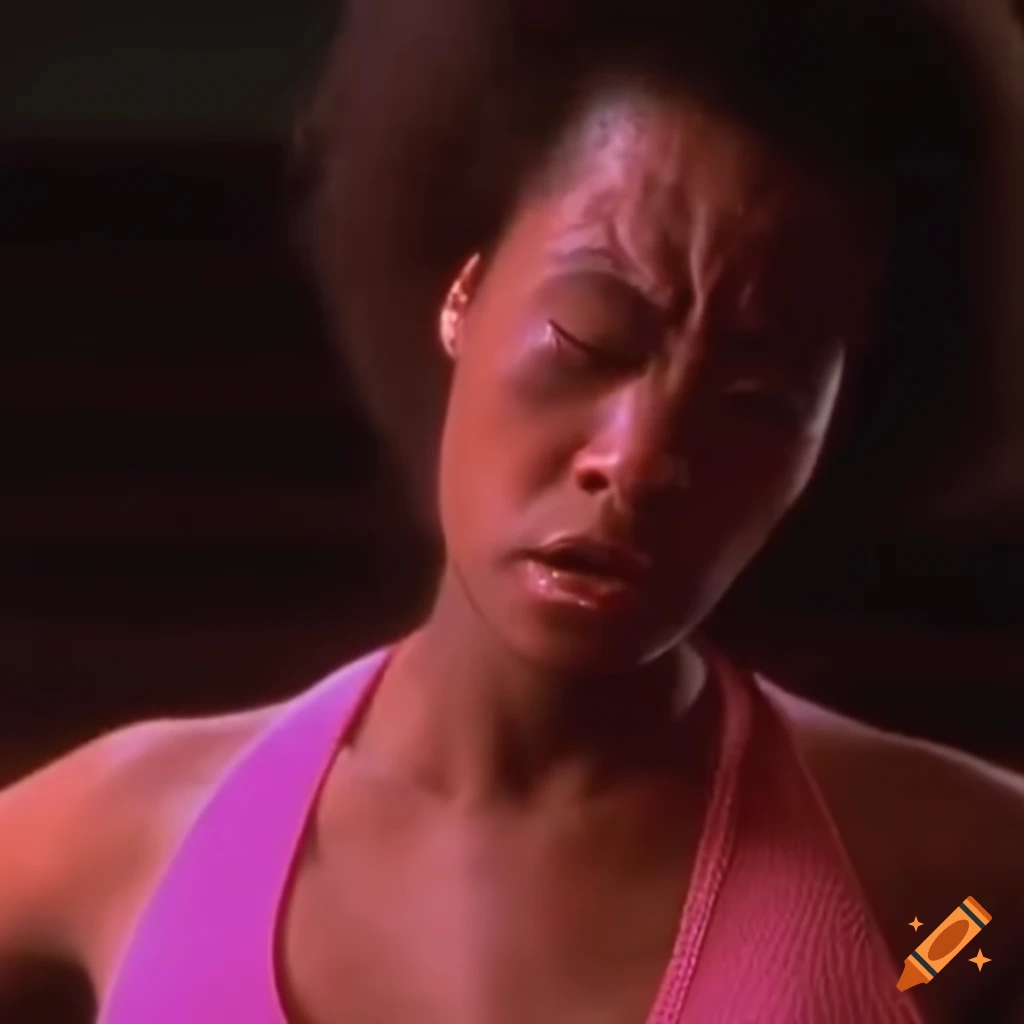 Bruised black woman martial fighter with dizzy expression on Craiyon