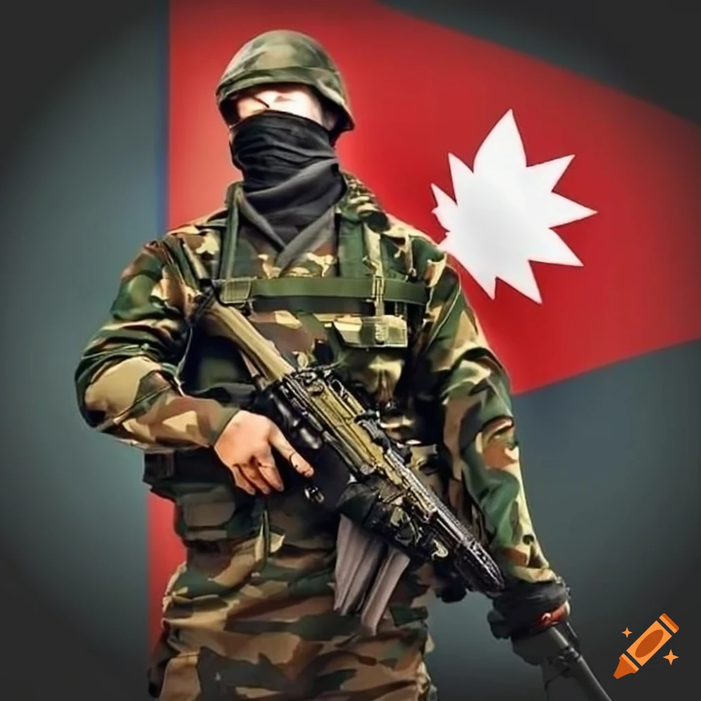 Nepali army with large sniper rifle and flag on Craiyon