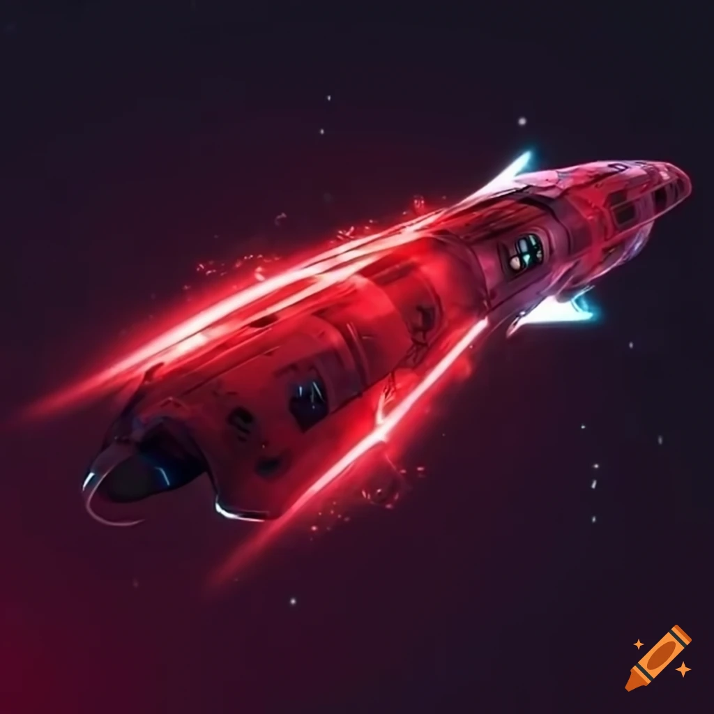 Futuristic red and white spaceship with flying lasers on Craiyon