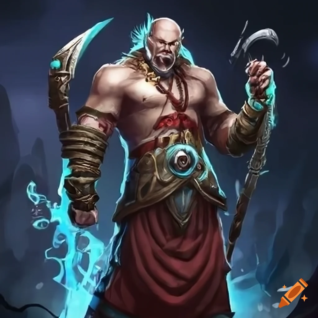 Friendly depiction of Kord, the fantasy god of fight, laughing on Craiyon