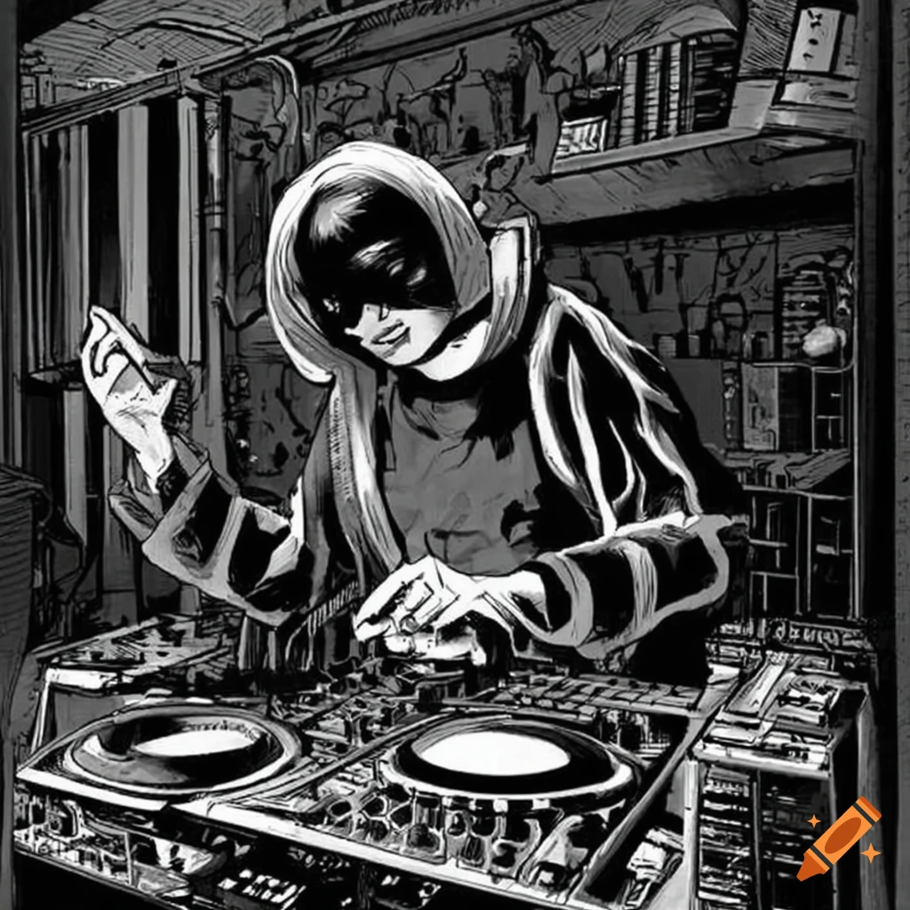Comic noir depiction of a techno dj on Craiyon
