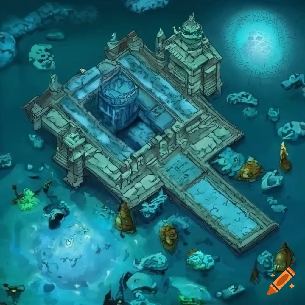 Highly detailed D&D isometric battle map of an underwater temple with ...
