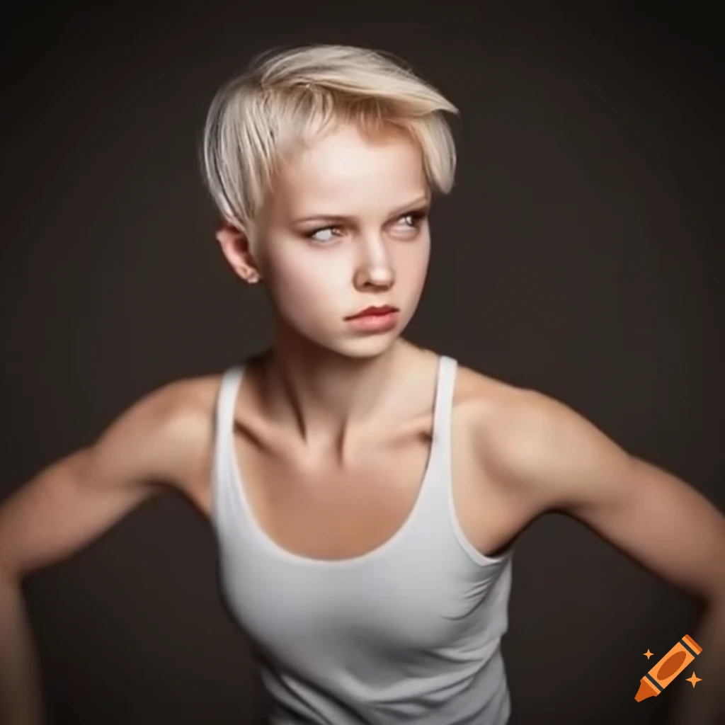 Beautiful strong girl with short blond hair on Craiyon