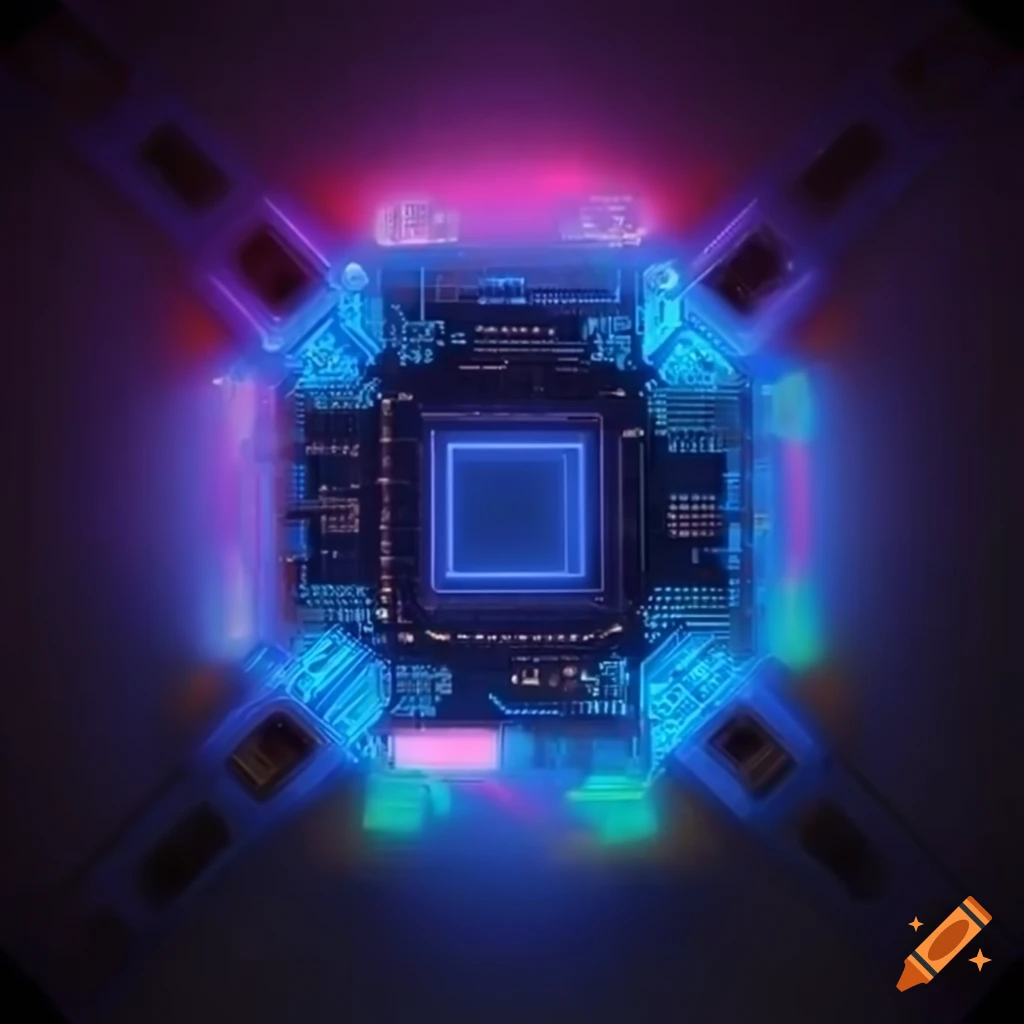 High-tech PCB with glowing photonic components in hyper realistic 8k ...