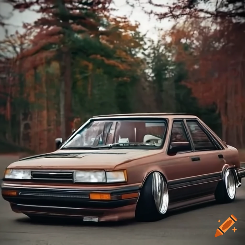 Detailed polaroid of a lowered 1988 Toyota Camry in rusty rat rod style ...
