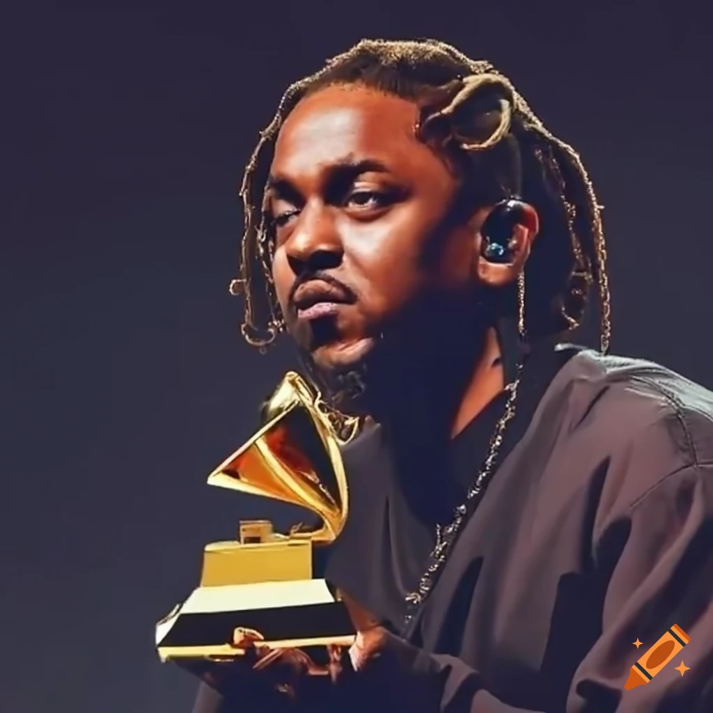Kendrick lamar holding a gold grammy award on stage with cheering fans ...