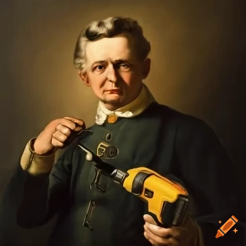 Portrait of carl von clausewitz holding a cordless drill on Craiyon