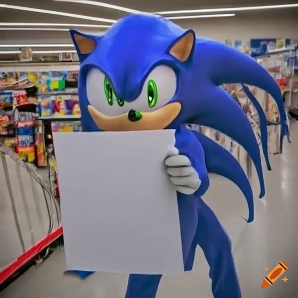 Person dressed in sonic costume voting at a walmart booth on Craiyon