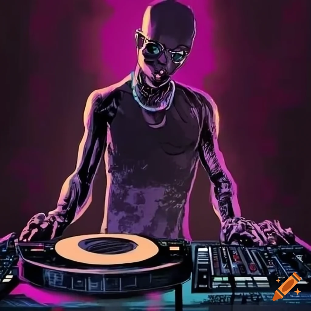 Comic noir depiction of a techno dj on Craiyon