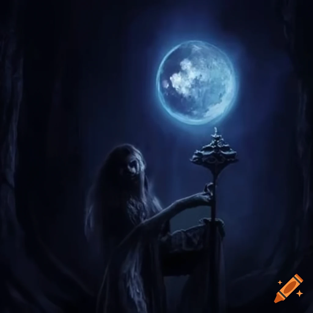 Strange gods made of moonlight in black metal style on Craiyon