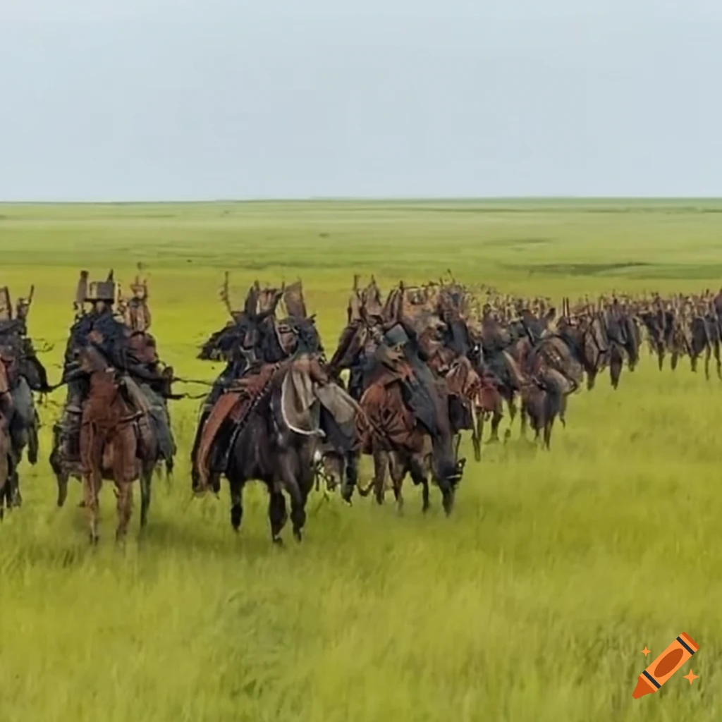 Knights crossing the russian steppe in a long column on Craiyon