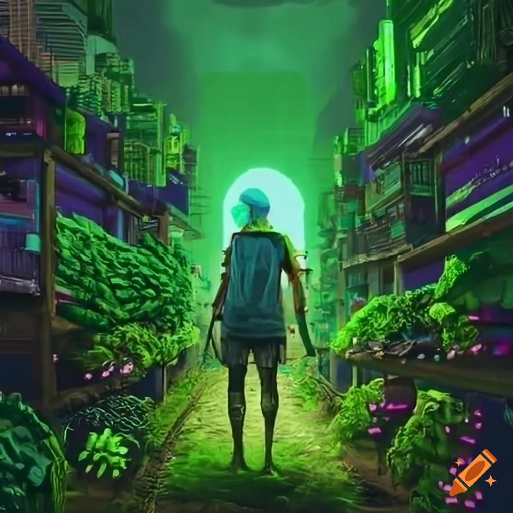 Farmer in a green cyberpunk world on Craiyon