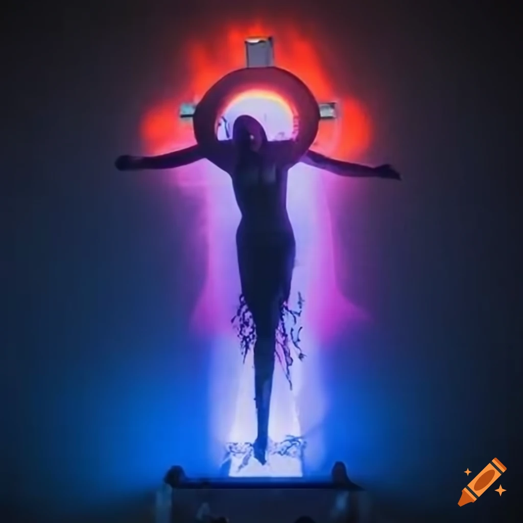 Luminous image of Jesus Christ with sacred heart engulfed in atomic nuclear fire on Craiyon