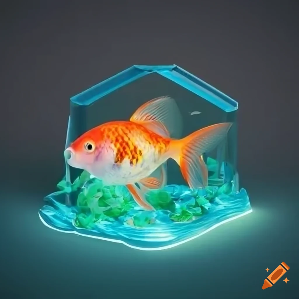 Illuminating fish tank with goldfish in 3d diorama on Craiyon