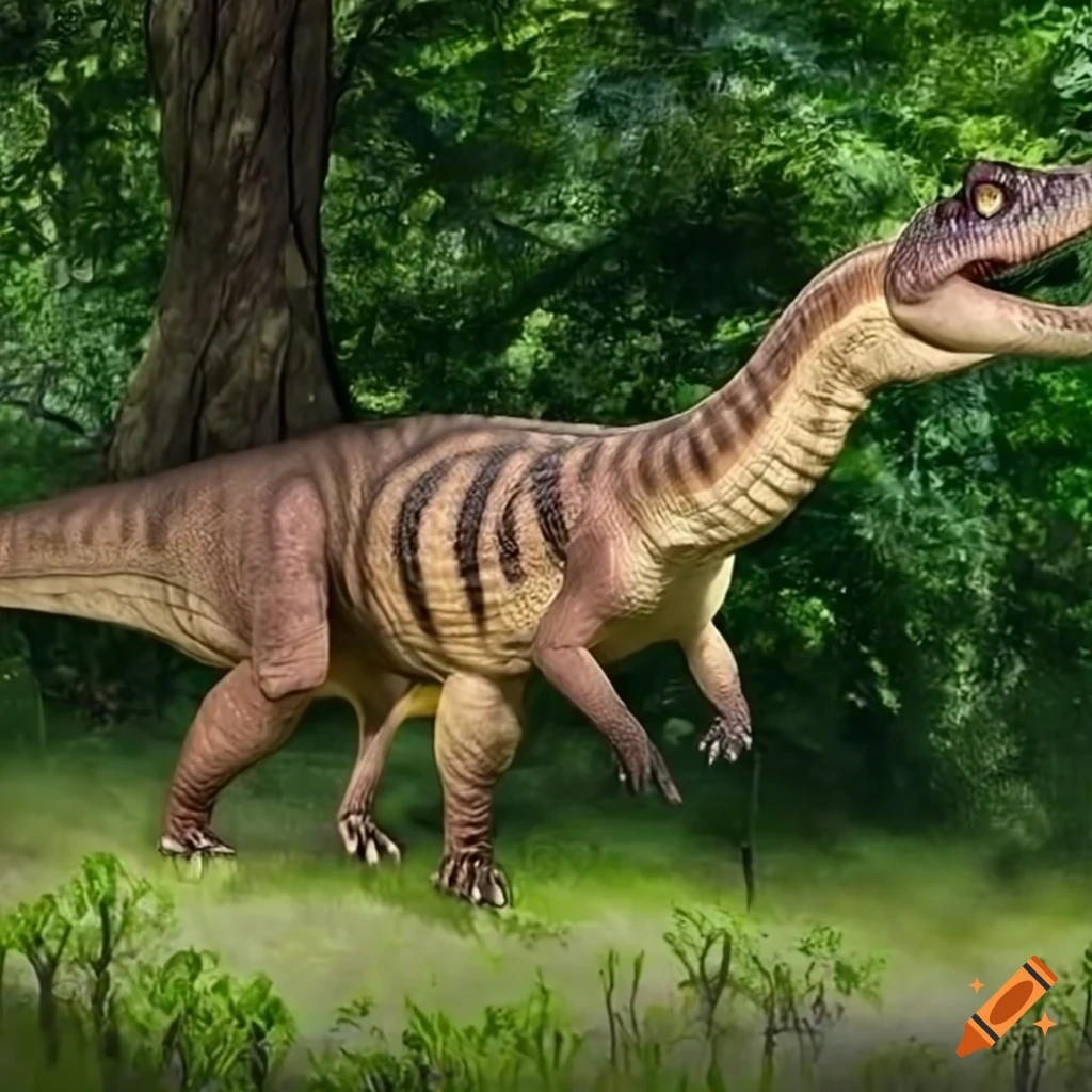 Olive-brown striped anatosaurus hidden in tall wild vegetation on Craiyon