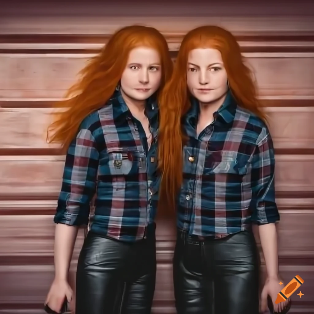 Two relaxed ginger female twins in country plaid shirts and high waist ...