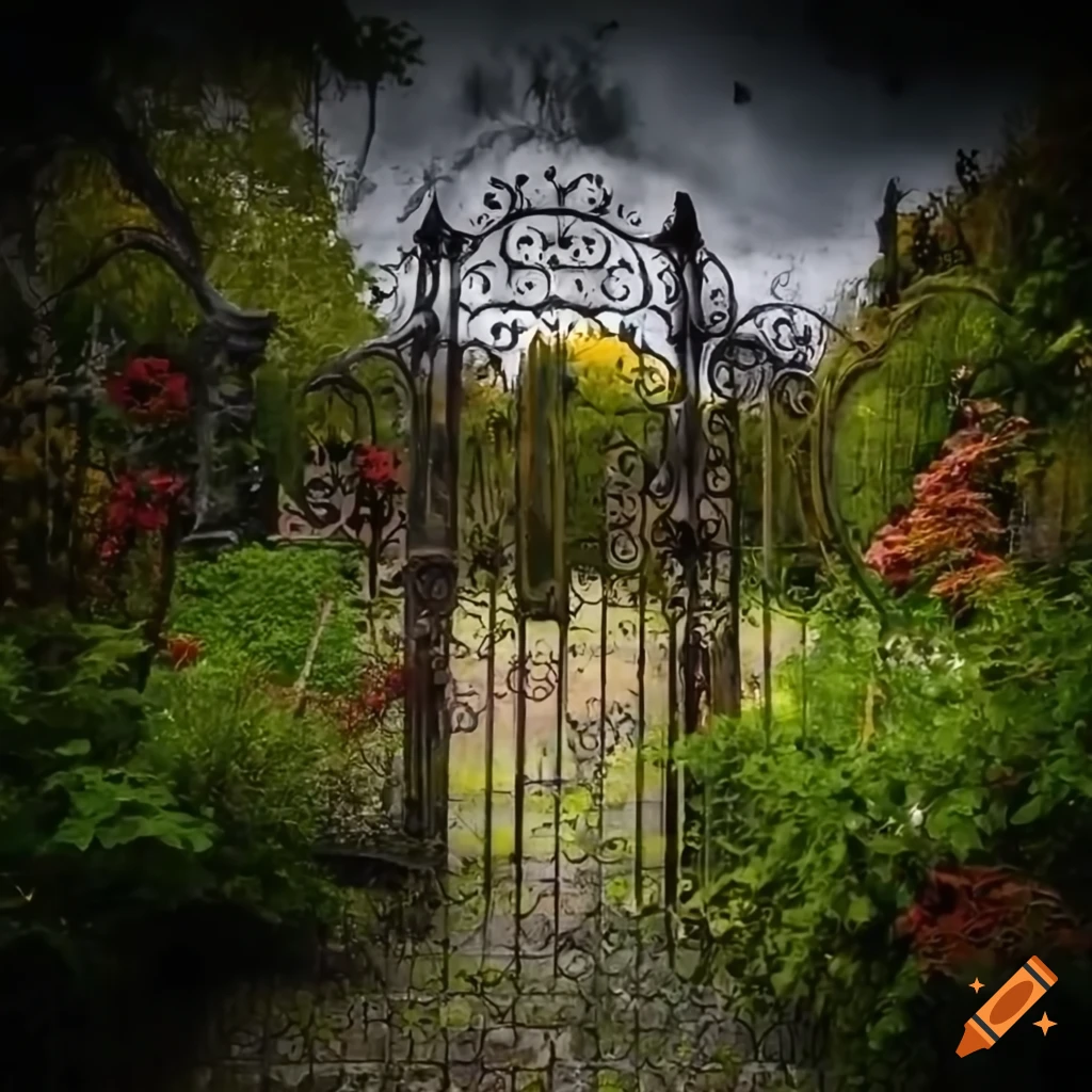 Spooky iron gates leading to a creepy garden with colorful flowers and ...