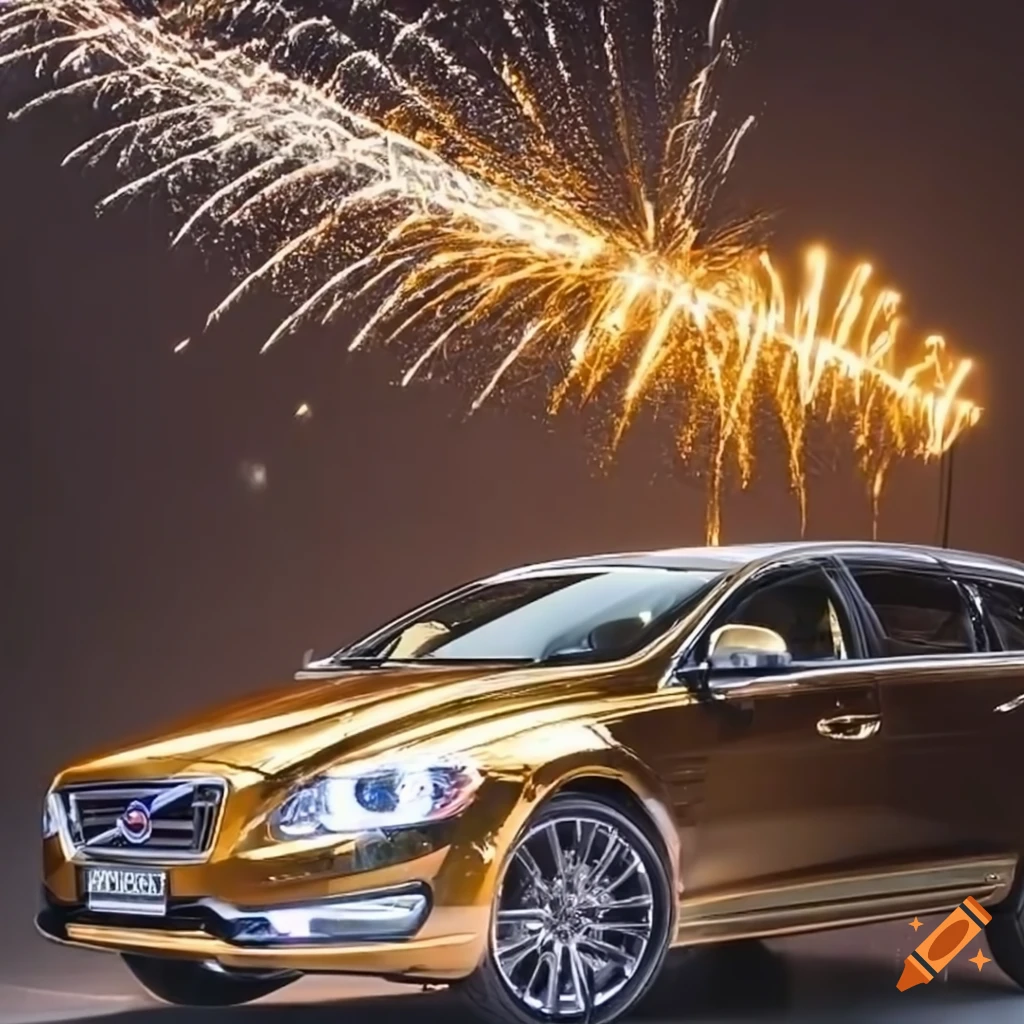 Golden 2013 volvo v60 with fireworks and sparkles on Craiyon