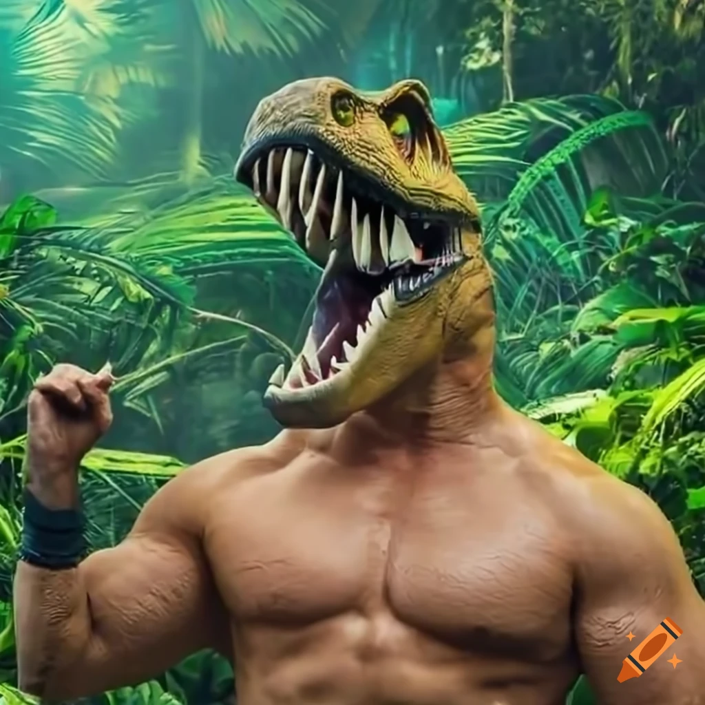 Muscular man wearing a t-rex mask posing in the jungle on Craiyon