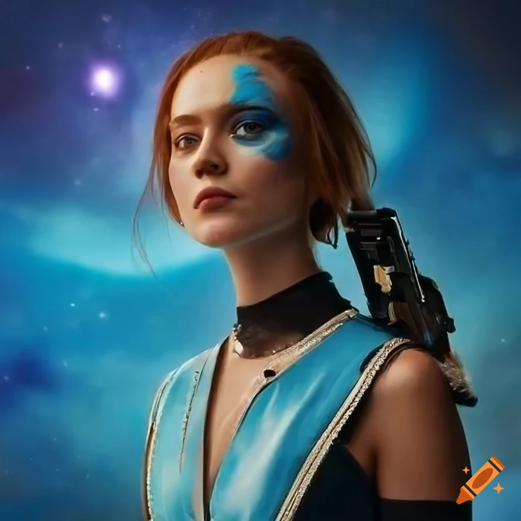 Futuristic warrior woman with blaster gun and sword in comic-style ...