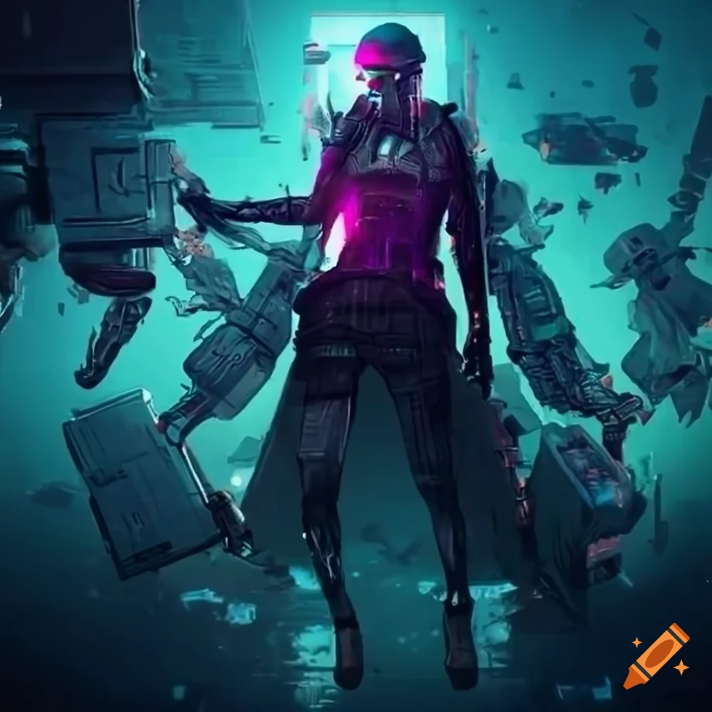 Cyberpunk technomancer surrounded by floating computers on Craiyon