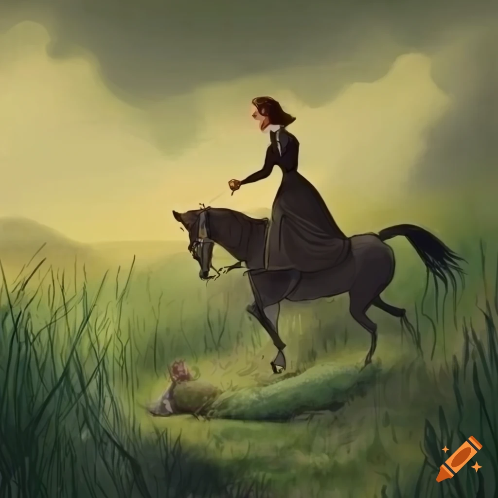 Illustration of Jane Eyre riding a horse on a grass path with a fallen ...