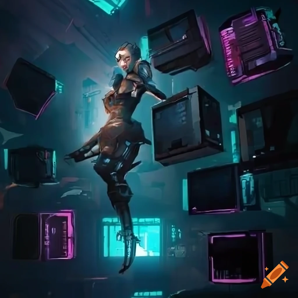 Cyberpunk technomancer surrounded by floating computers on Craiyon