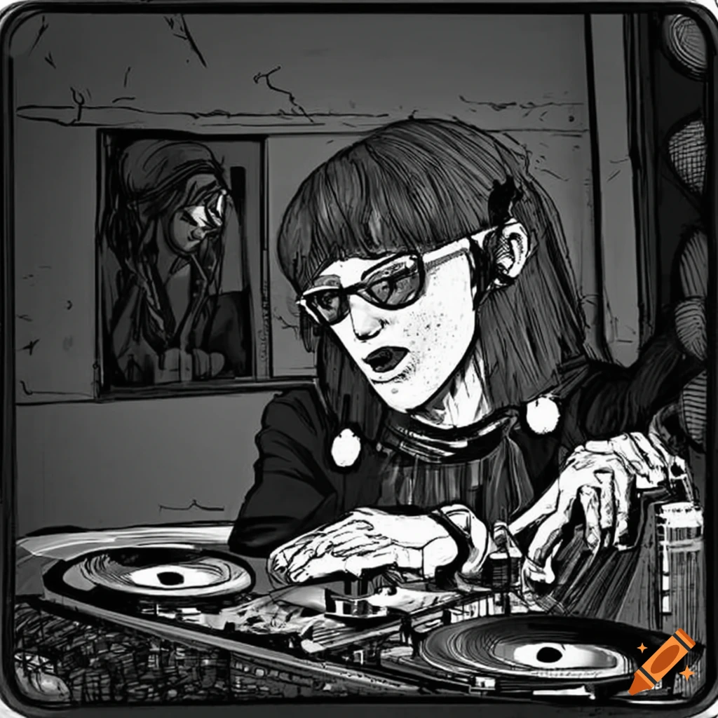 Comic noir depiction of a techno dj on Craiyon