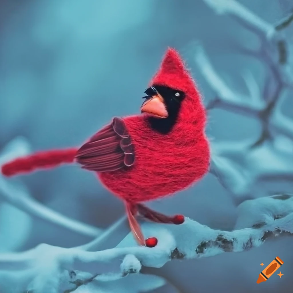 Needle felt red cardinal bird in snowy ancient forest with blue ...