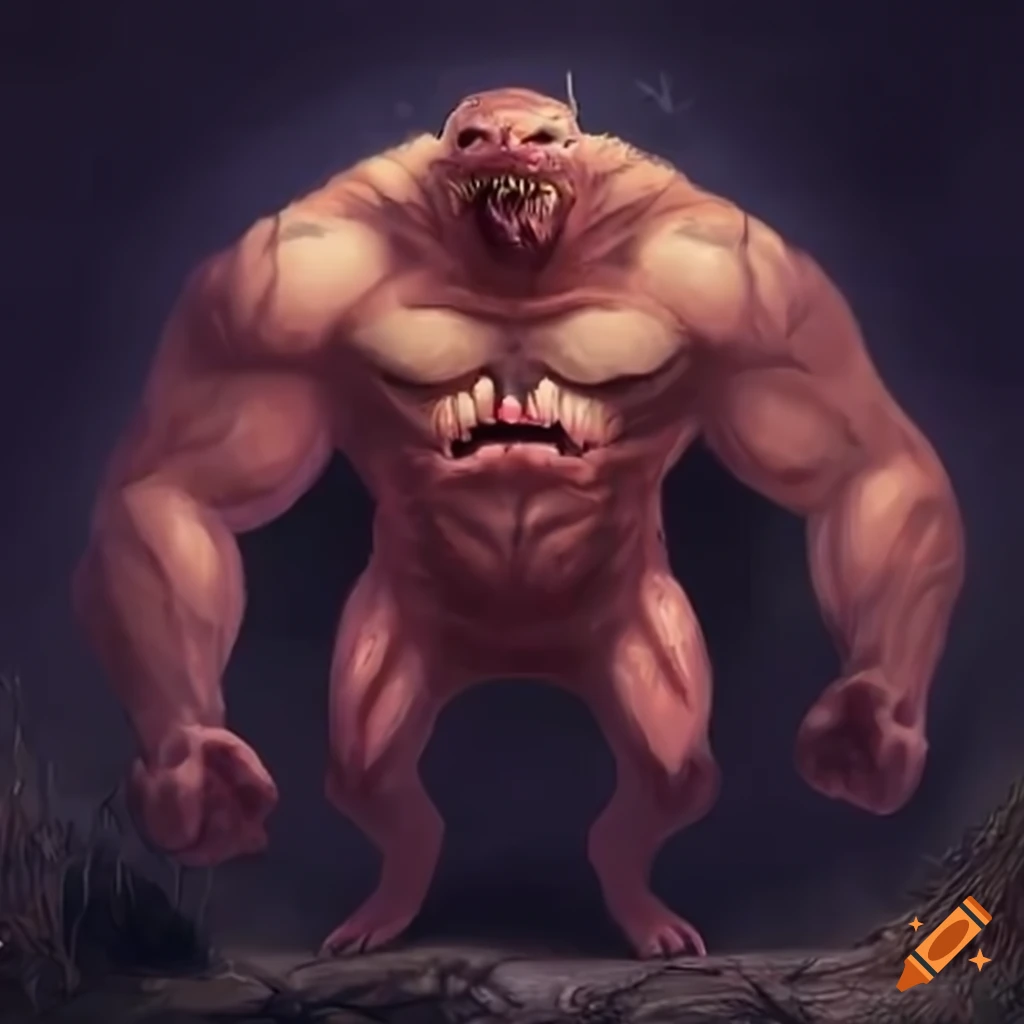Reddish, muscular monster with fierce eyes standing in a desolate field ...