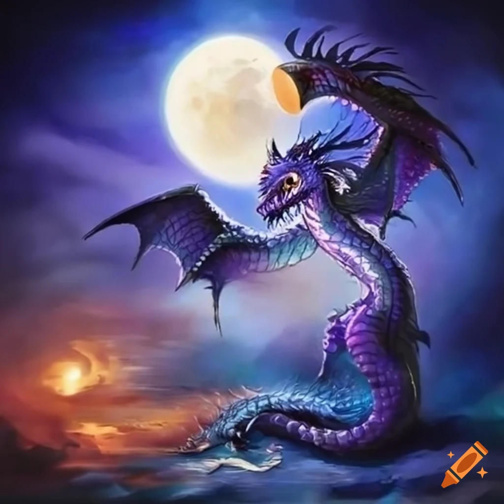 Dragon painting the moon with a brush roller on Craiyon