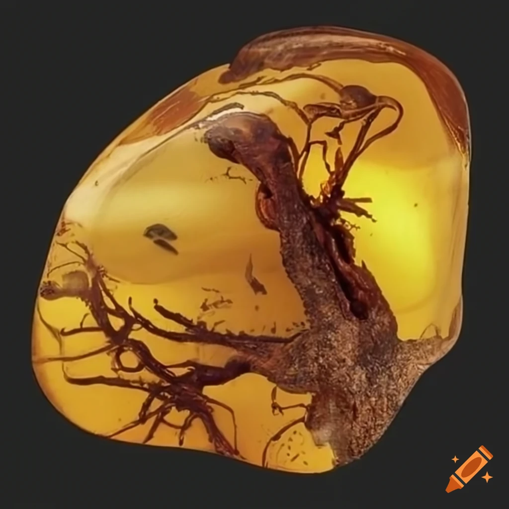 Fossil preserved in amber on an encyclopedia design on Craiyon