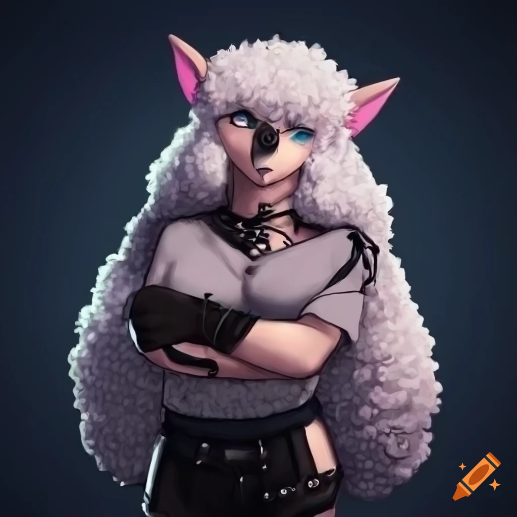 Female anthro sheep girl in punk rock attire with grey wool on Craiyon