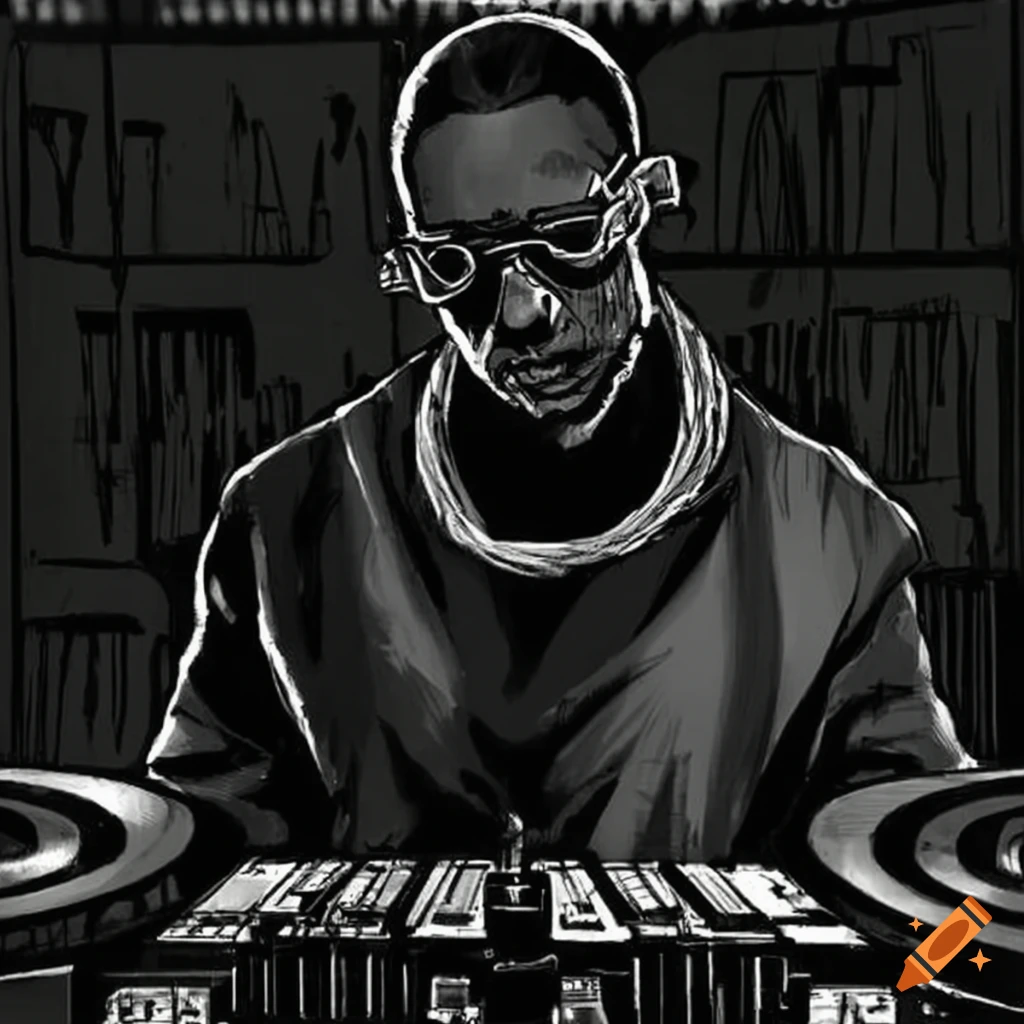 Comic noir depiction of a techno dj on Craiyon