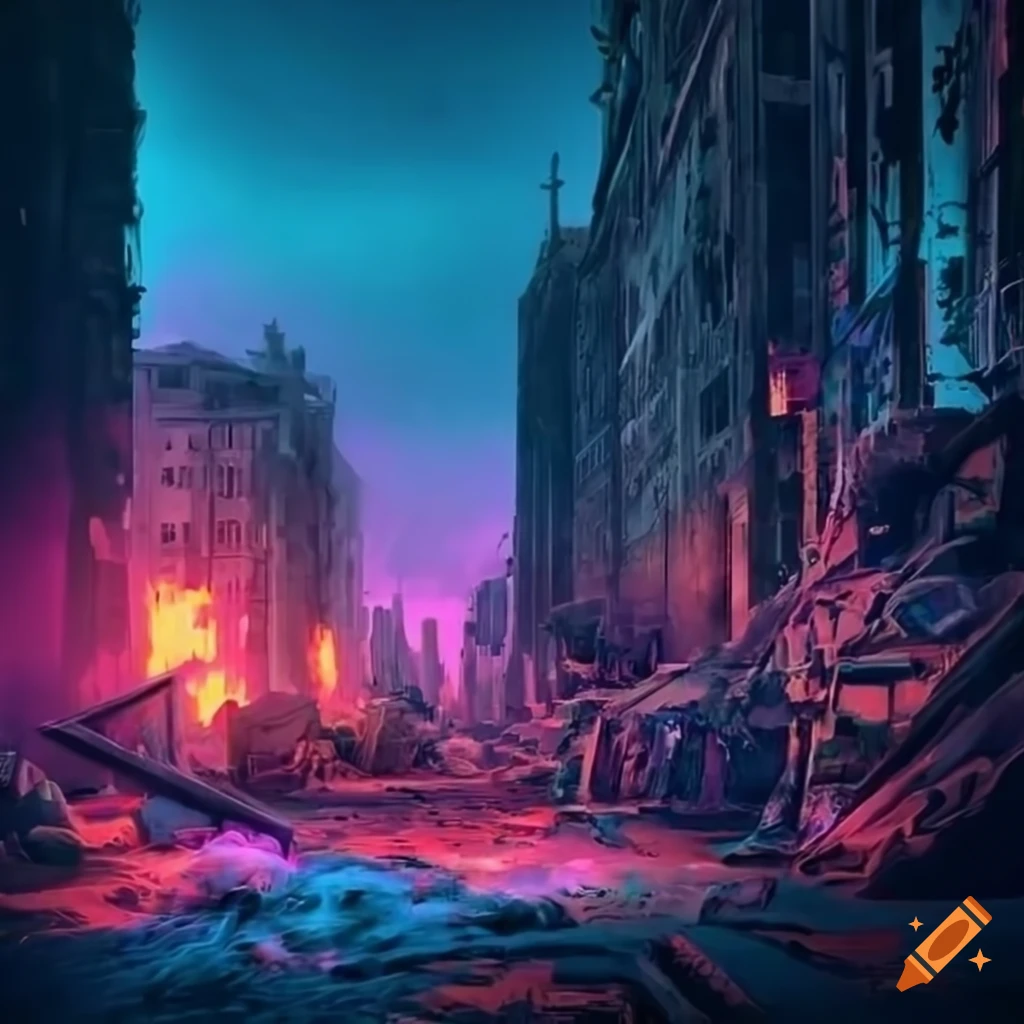 Post apocalyptic scene with vivid neon lights and colors on Craiyon