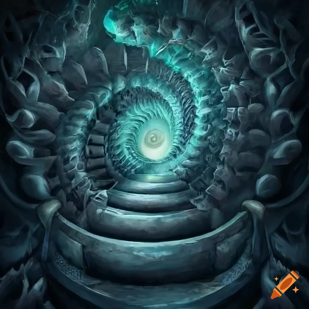 Stairway descending and spiraling into the abyss in a fantasy art on ...