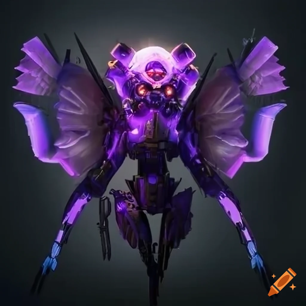 Violet space mech with wings in an evil depiction on Craiyon