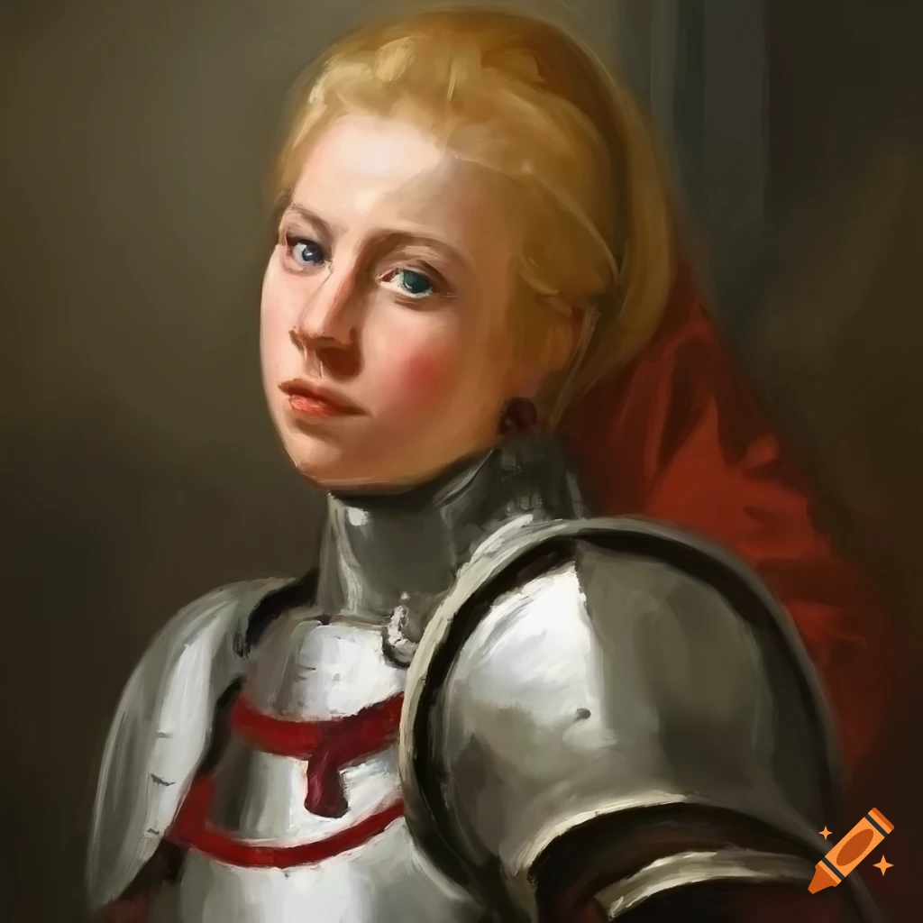 Oil painting of a female knight with blonde hair and grey eyes on Craiyon