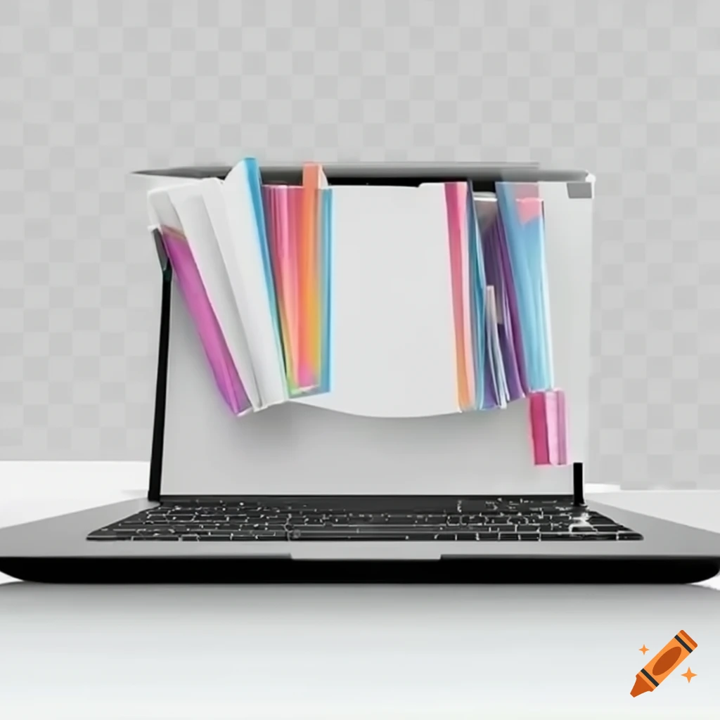 Desk with laptop and flying paper files on Craiyon