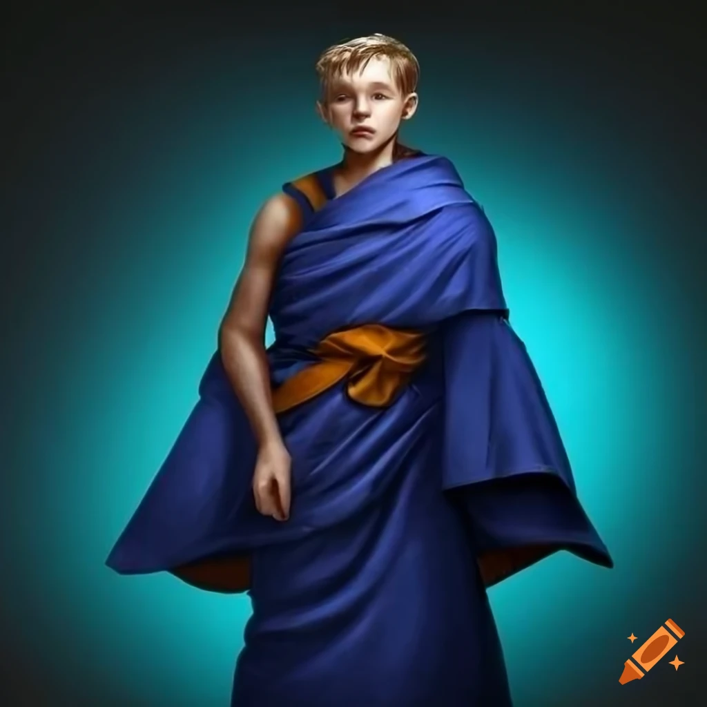 Young male monk with messy blonde hair and blue robe on Craiyon