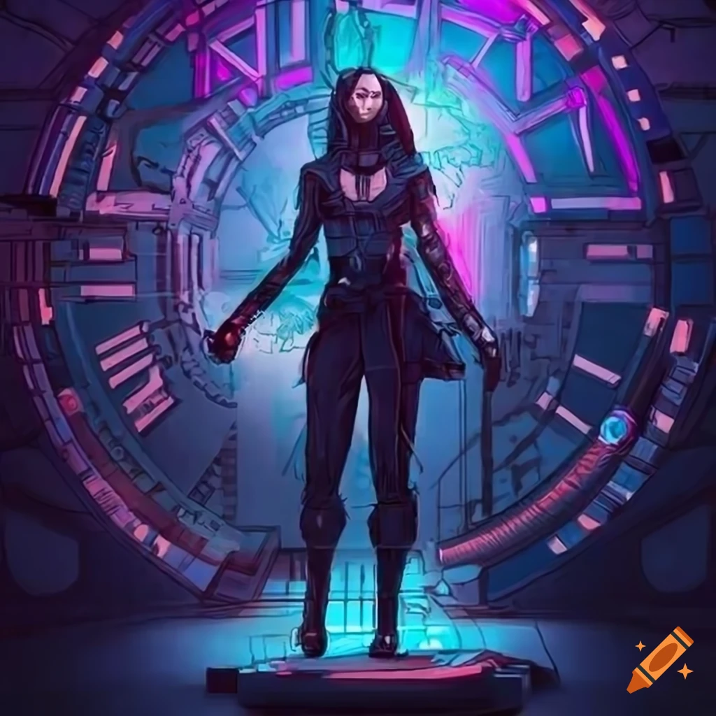 Cyberpunk chronomancer standing in front of a clock on Craiyon