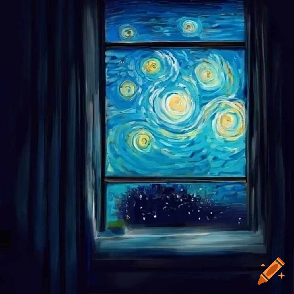 Starry night view through a window on Craiyon