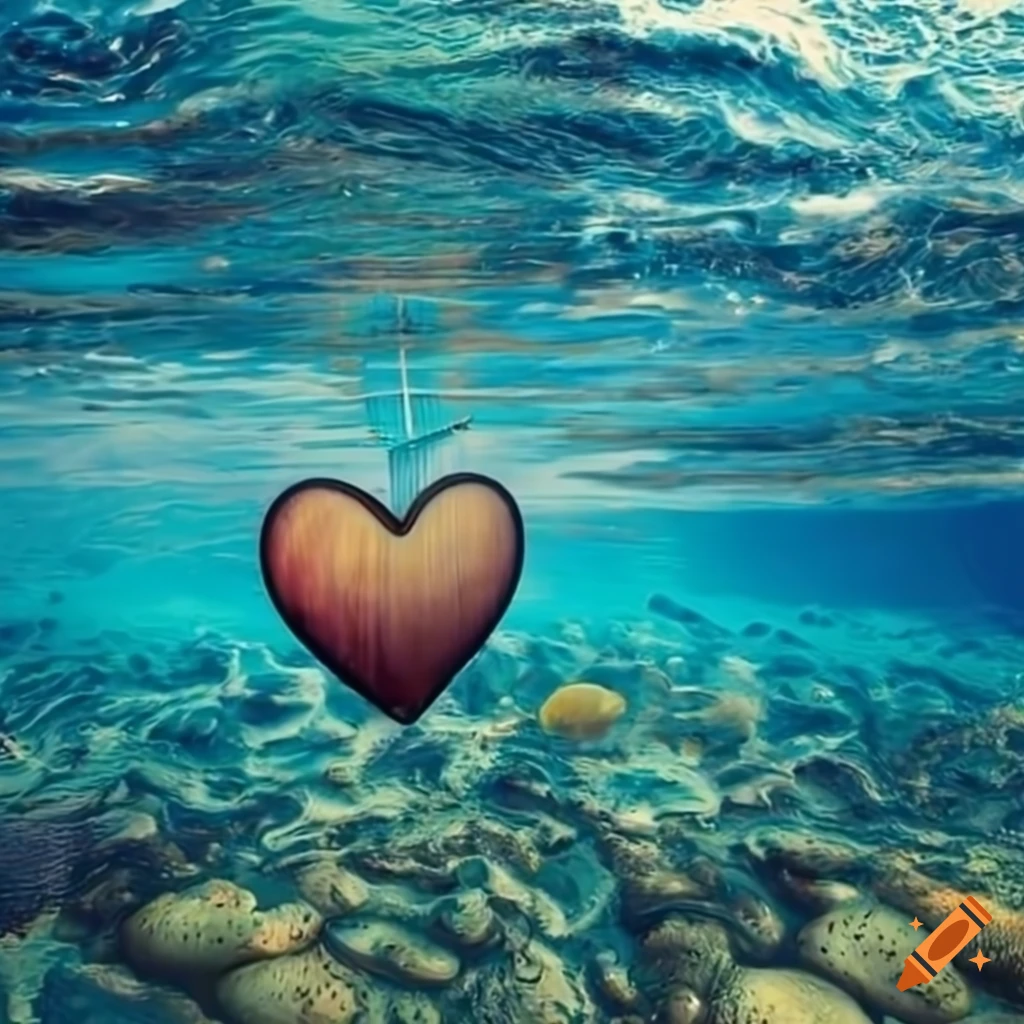 Heart-shaped guitar sailing on the ocean surrounded by sea creatures on ...