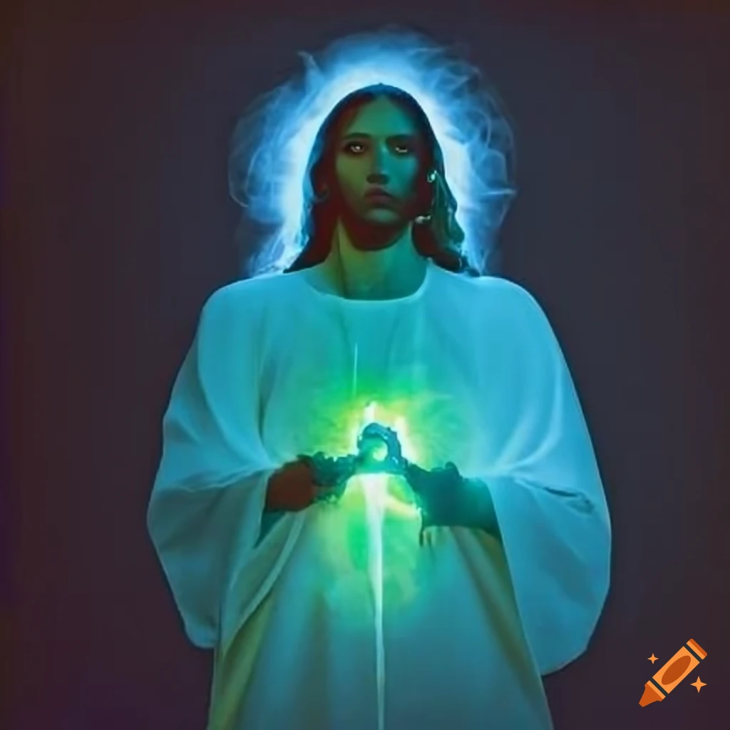 Luminous image of jesus christ with sacred heart engulfed in atomic ...