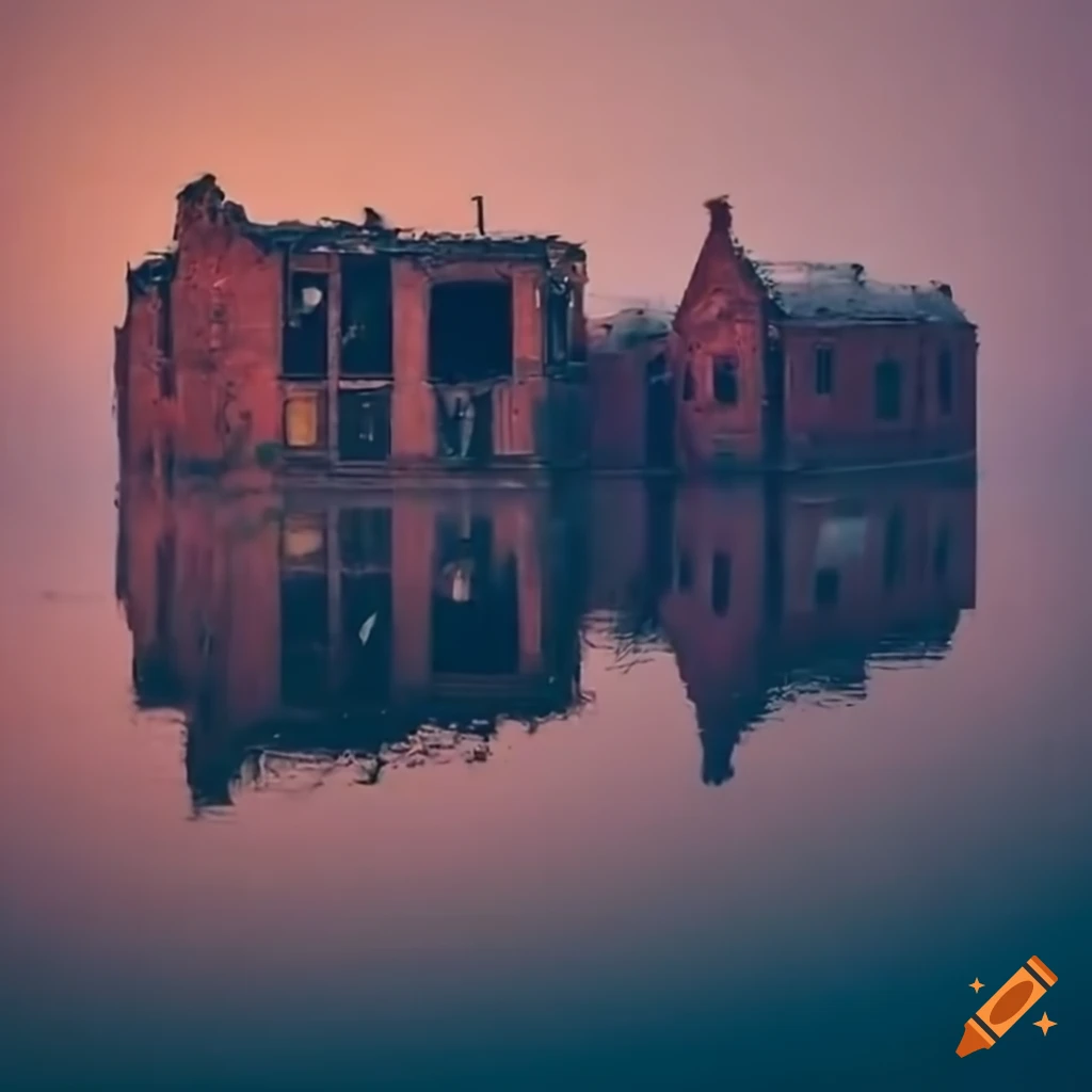 Close-up of crumbling abandoned brick buildings sinking into the ocean ...